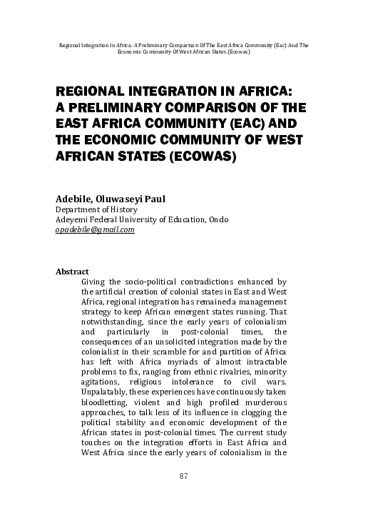 (PDF) Regional Integration in Africa: A Preliminary Comparison of the East African Community ...