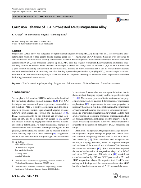 (PDF) Corrosion Behavior of ECAP-Processed AM90 Magnesium Alloy