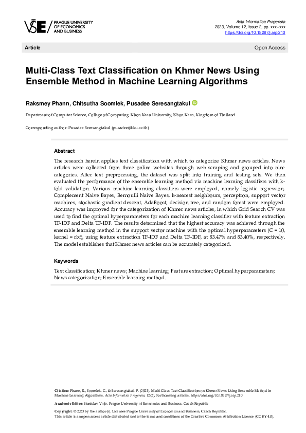 (PDF) Multi-Class Text Classification on Khmer News Using Ensemble Method in Machine Learning ...