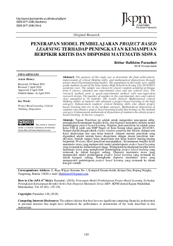 (PDF) Penerapan Model Pembelajaran Project Based Learning terhadap Peningkatan Kemampuan ...