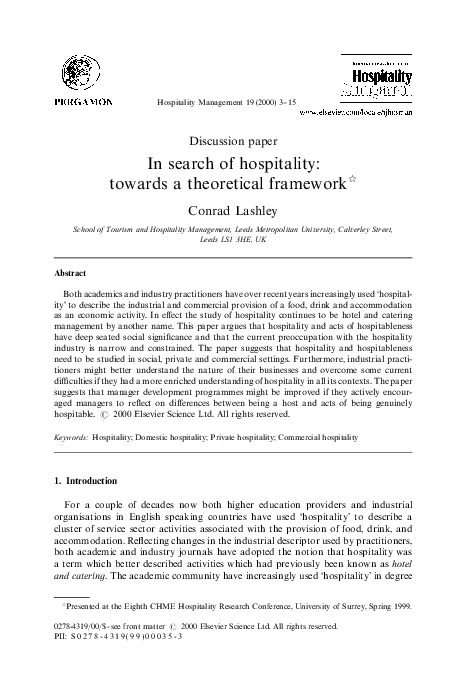 (PDF) In search of hospitality: Towards a theoretical framework | Trâm ...