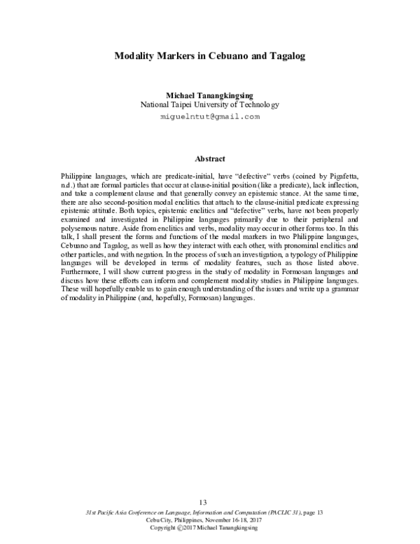 (PDF) Modality Markers in Cebuano and Tagalog