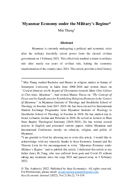 (PDF) Myanmar Economy under the Military's Regime