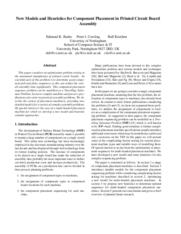 (PDF) New models and heuristics for component placement in printed circuit board assembly