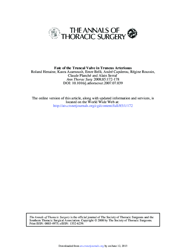 (PDF) Truncal Valve Outcomes in Truncus Arteriosus