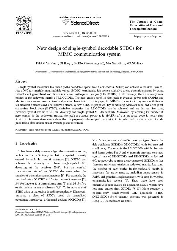 (PDF) New design of single-symbol decodable STBCs for MIMO communication system