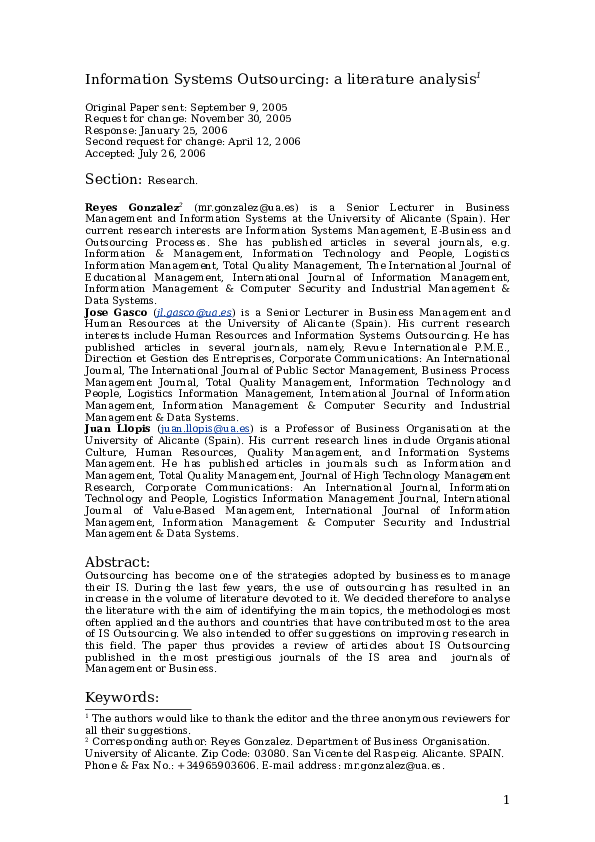 (PDF) Information systems outsourcing: A literature analysis