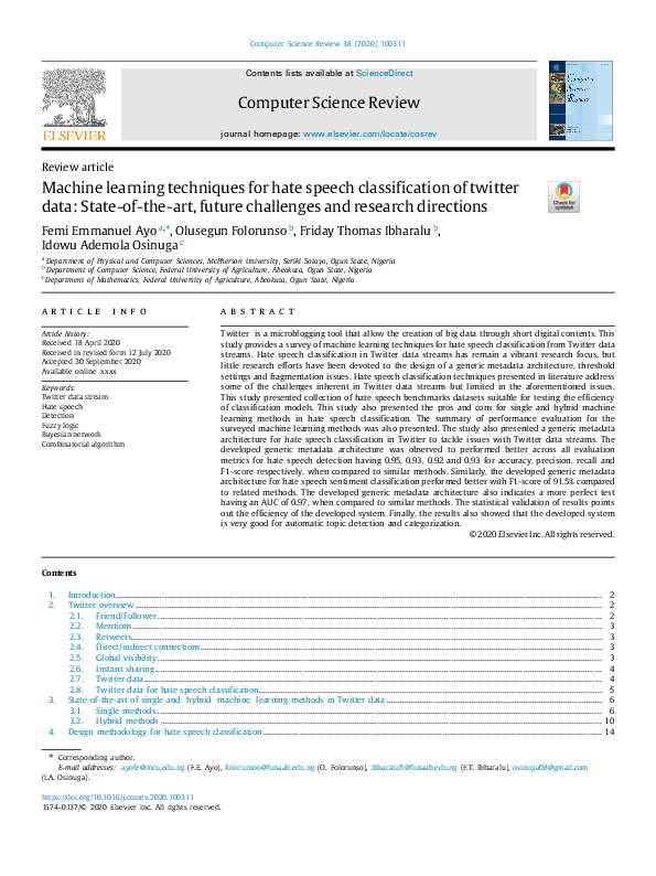 Pdf Machine Learning Techniques For Hate Speech Classification Of Twitter Data State Of The