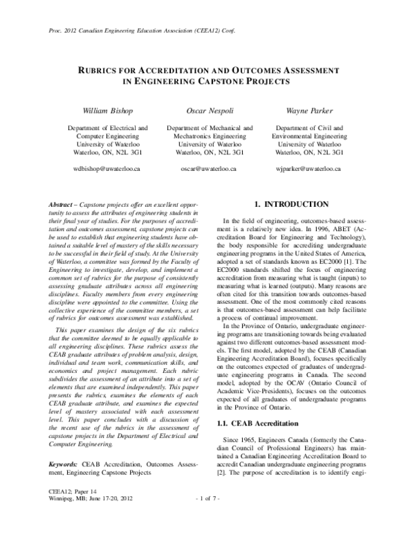 (PDF) Rubrics for Accreditation and Outcomes Assessment in Engineering ...