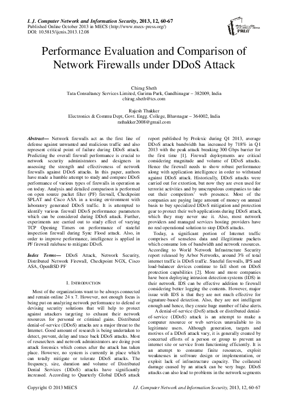 (PDF) Performance Evaluation and Comparison of Network Firewalls under DDoS Attack