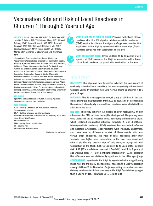 (PDF) Vaccination Site and Risk of Local Reactions in Children 1 ...