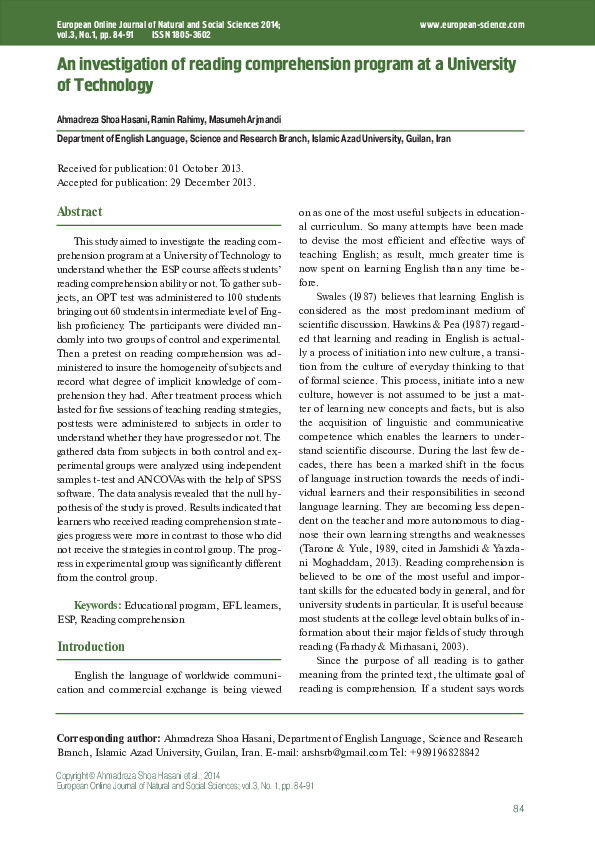 (PDF) An investigation of reading comprehension program at a University ...