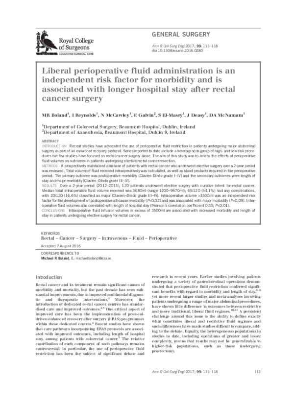(PDF) Liberal perioperative fluid administration is an independent risk ...