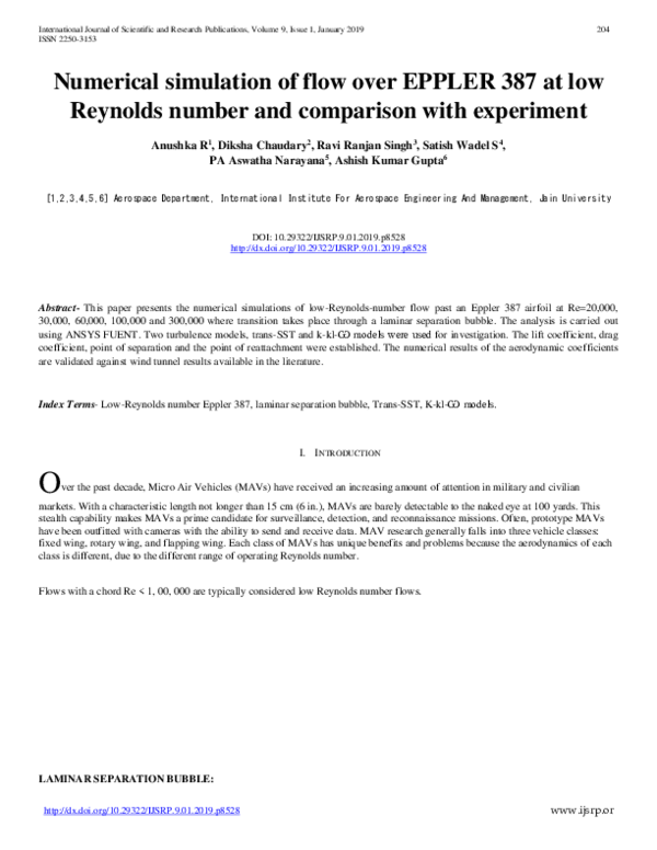 (PDF) Numerical simulation of flow over EPPLER 387 at low Reynolds ...