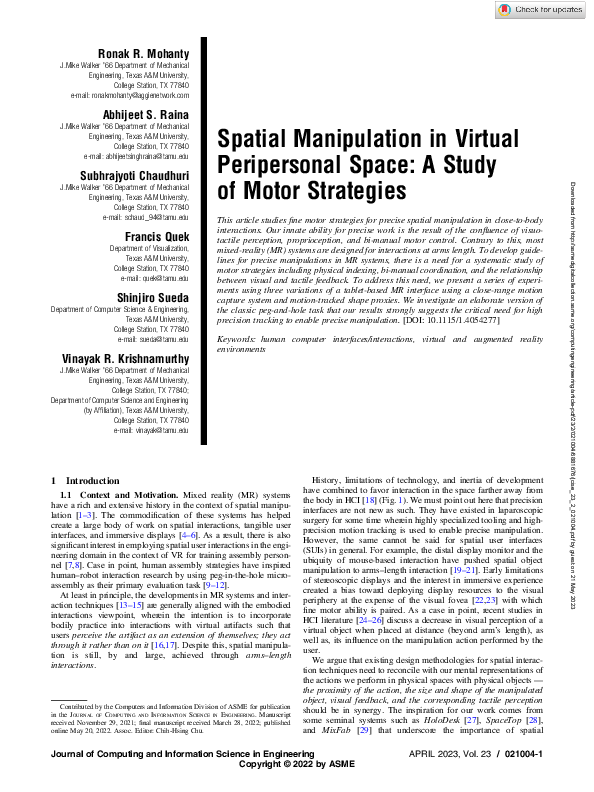 (PDF) Spatial Manipulation in Virtual Peripersonal Space: A Study of ...