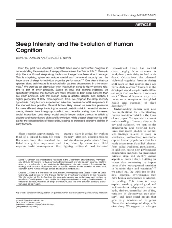 (PDF) Sleep intensity and the evolution of human cognition | David ...