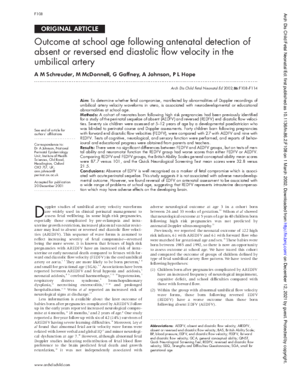 (PDF) Outcome at school age following antenatal detection of absent or ...