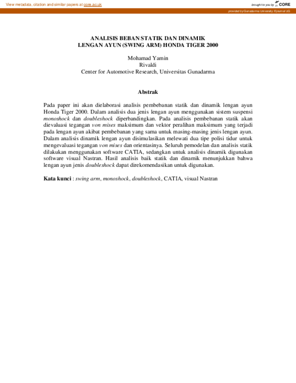 (PDF) Analisis Beban Statik Dan Dinamik Lengan Ayun (Swing Arm) Honda ...