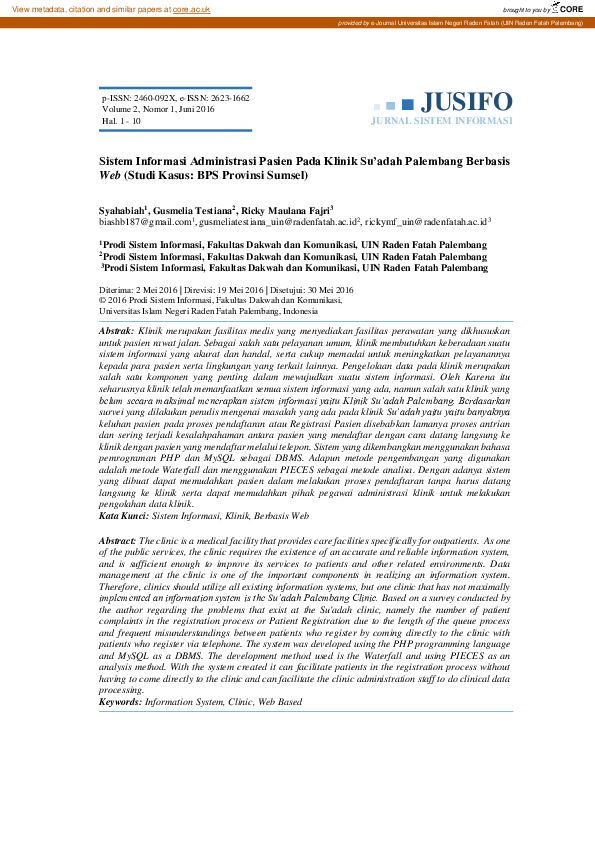 (PDF) Sistem Informasi Administrasi Pasien Pada Klinik Su’adah Palembang Berbasis Web (Studi ...