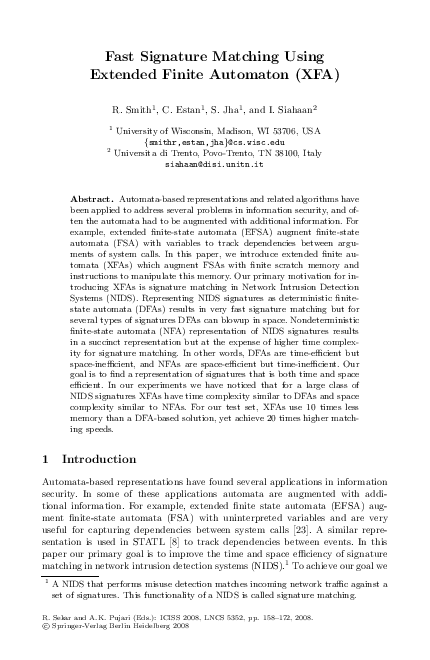 Pdf Fast Signature Matching Using Extended Finite Automaton Xfa Randy Smith 0151