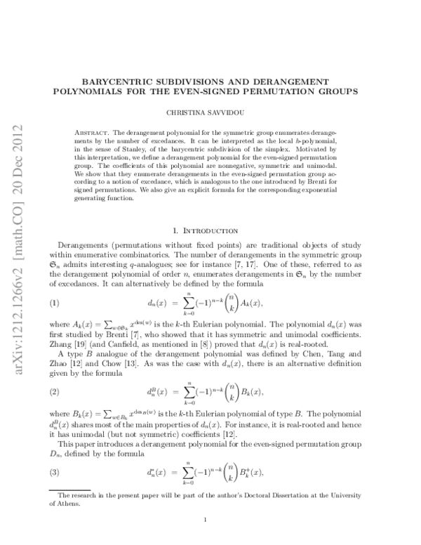 (PDF) Barycentric subdivisions and derangement polynomials for the even-signed permutation groups