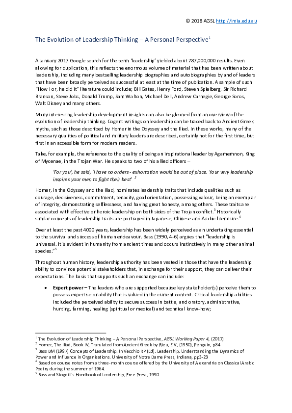 (PDF) The Evolution of Leadership Thinking – A Personal Perspective