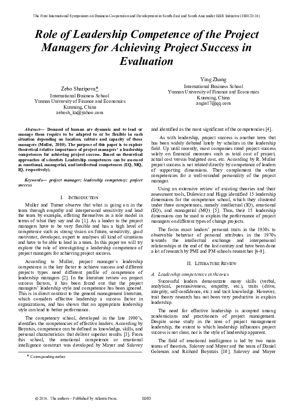 (PDF) Role of Leadership Competence of the Project Managers for Achieving Project Success in ...