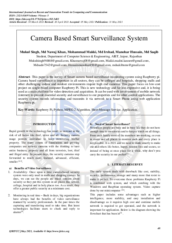 (PDF) Camera based Smart Surveillance System