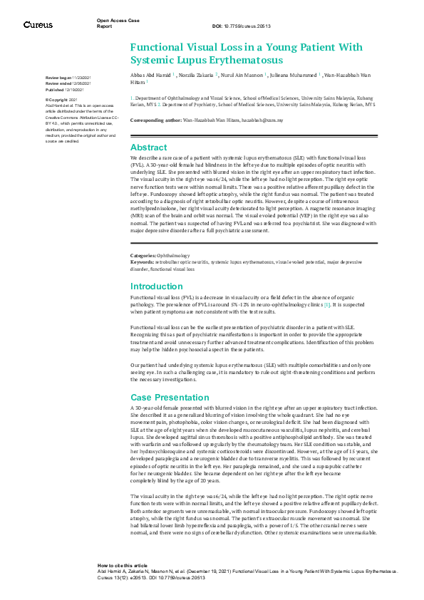 (PDF) Functional Visual Loss in a Young Patient With Systemic Lupus ...