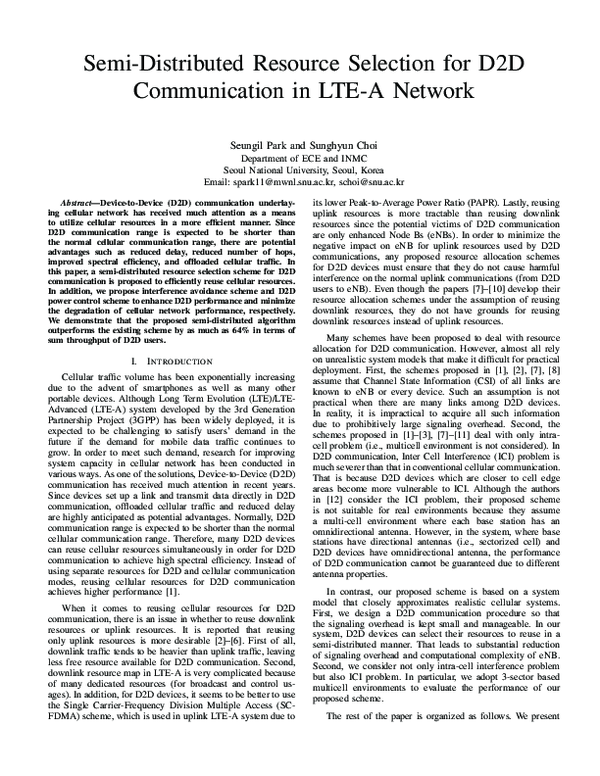 (PDF) Semi-Distributed Resource Selection for D2D Communication in LTE-A Network