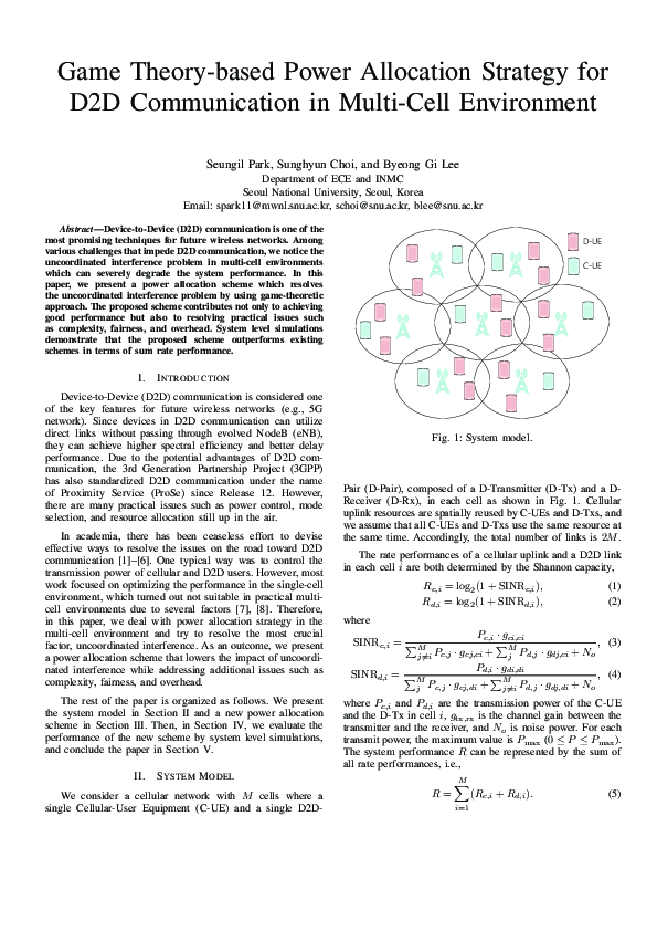 (PDF) Game theory-based power allocation strategy for D2D communication in multi-cell environment
