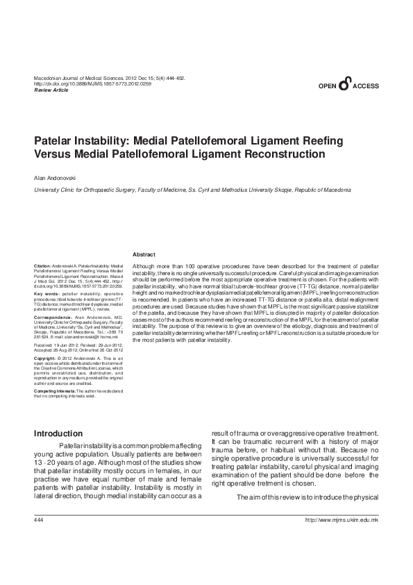 (PDF) Patelar Instability: Medial Patellofemoral Ligament Reefing ...