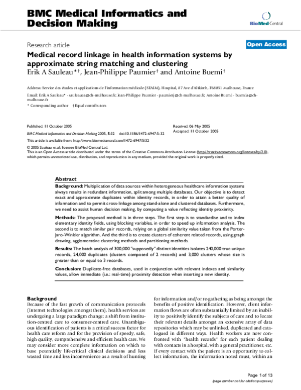 (PDF) Medical record linkage in health information systems by ...