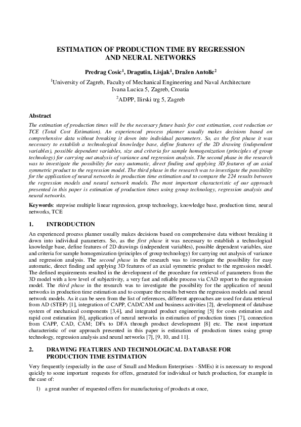 (PDF) Estimation of Production Time by Regression and Neural Networks