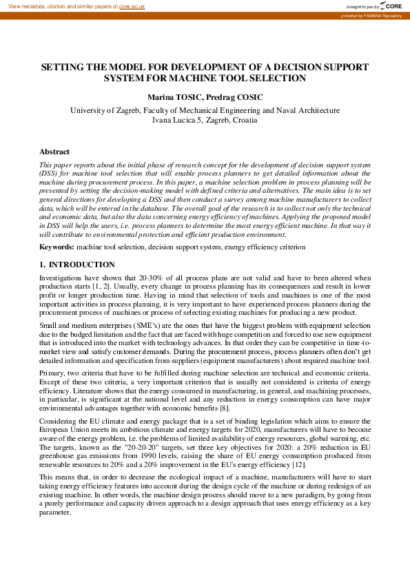 (PDF) Development of a Decision Support System for Machine Selection