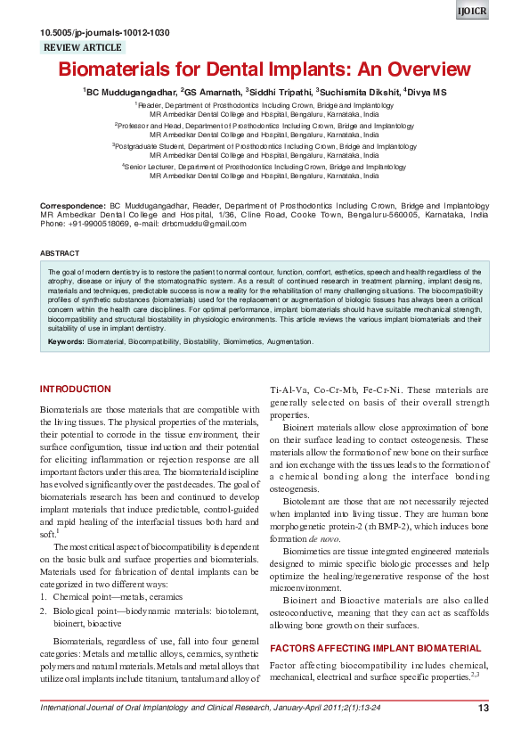 (PDF) Biomaterials for Dental Implants: An Overview