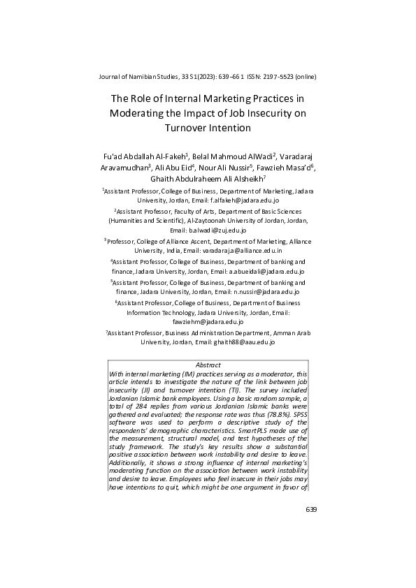 (PDF) The Role of Internal Marketing Practices in Moderating the Impact of Job Insecurity on ...
