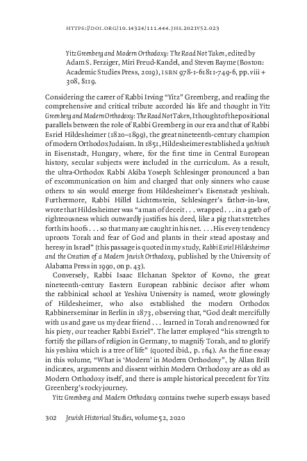 (PDF) David Ellenson, “Review of ‘Yitz Greenberg and Modern Orthodoxy ...