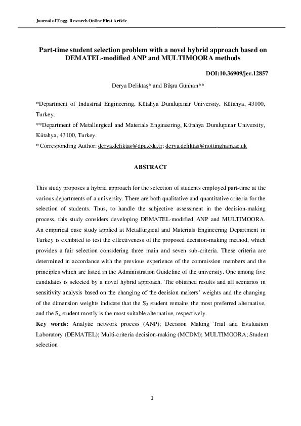 (PDF) Hybrid DEMATEL-ANP and MULTIMOORA Approach for Part-time Student Selection
