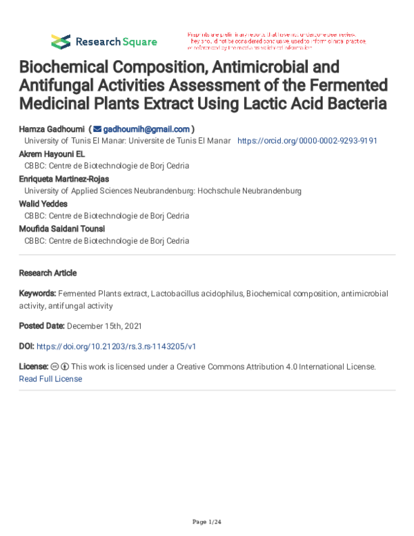 (PDF) Biochemical composition, antimicrobial and antifungal activities ...
