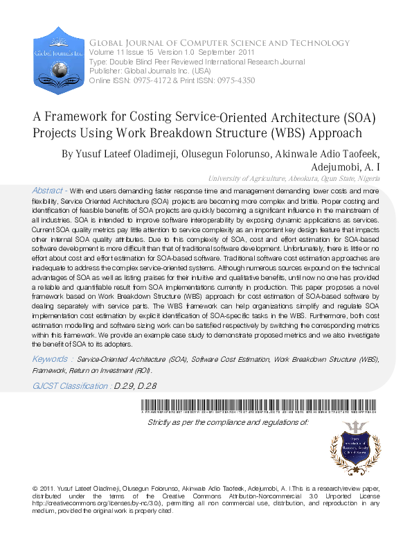 (PDF) A Framework for Costing Service-Oriented Architecture (SOA) Projects Using Work Breakdown ...