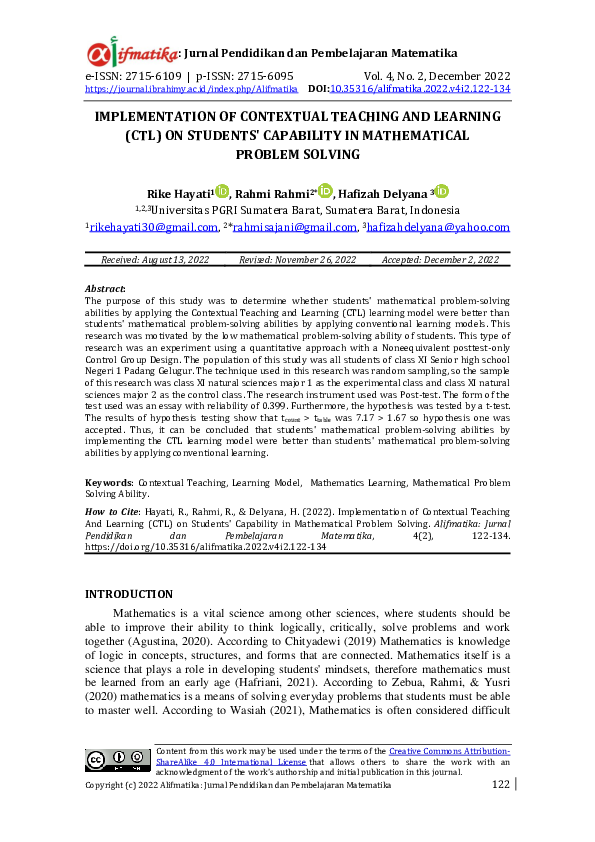(PDF) Implementation of Contextual Teaching and Learning (CTL) on Students' Capability in ...