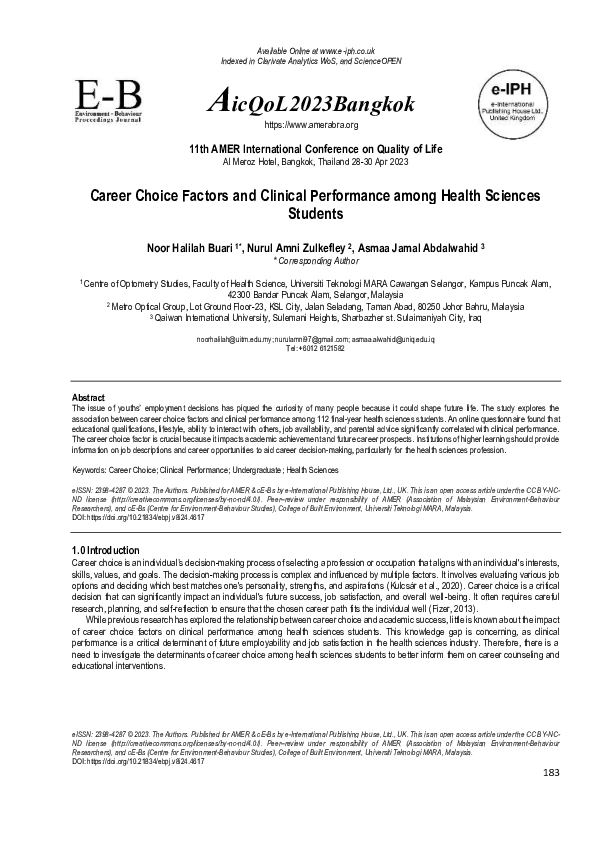 (PDF) Career Choice Factors and Clinical Performance among Health ...