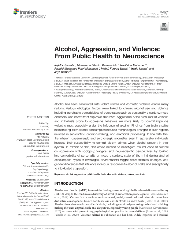 (PDF) Alcohol, Aggression, and Violence: From Public Health to Neuroscience
