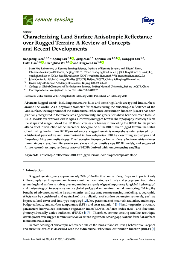 (PDF) Characterizing Land Surface Anisotropic Reflectance over Rugged Terrain: A Review of ...