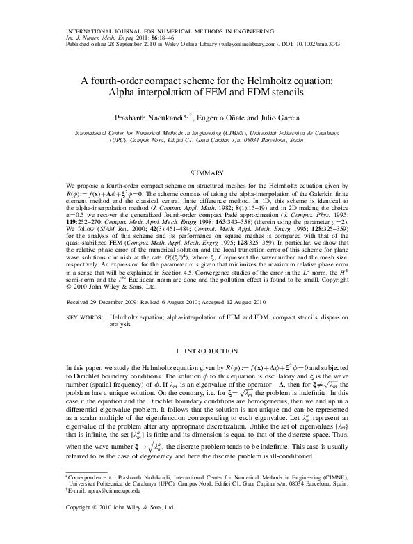 Pdf A Fourth Order Compact Scheme For The Helmholtz Equation Alpha Interpolation Of Fem And