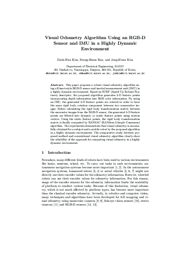 Pdf Visual Odometry Algorithm Using An Rgb D Sensor And Imu In A
