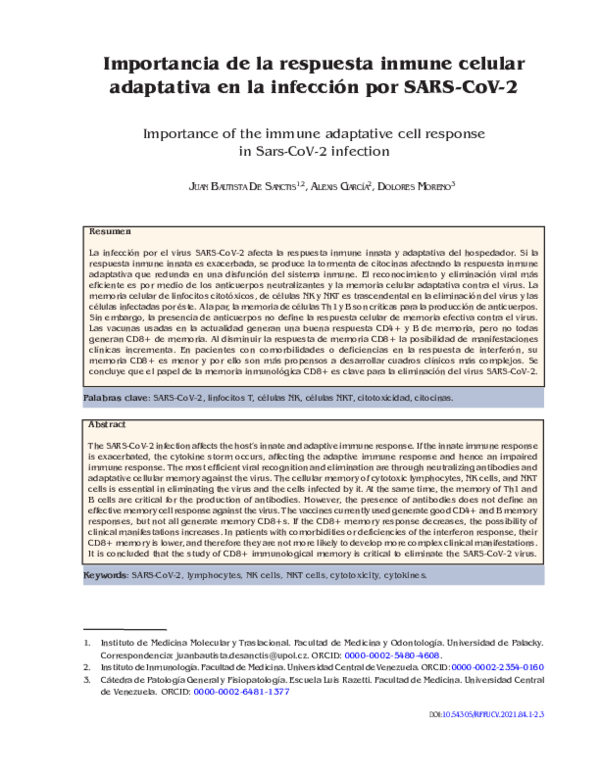(PDF) Importancia de la respuesta inmune celular adaptativa en la infección por SARS-CoV-2 ...