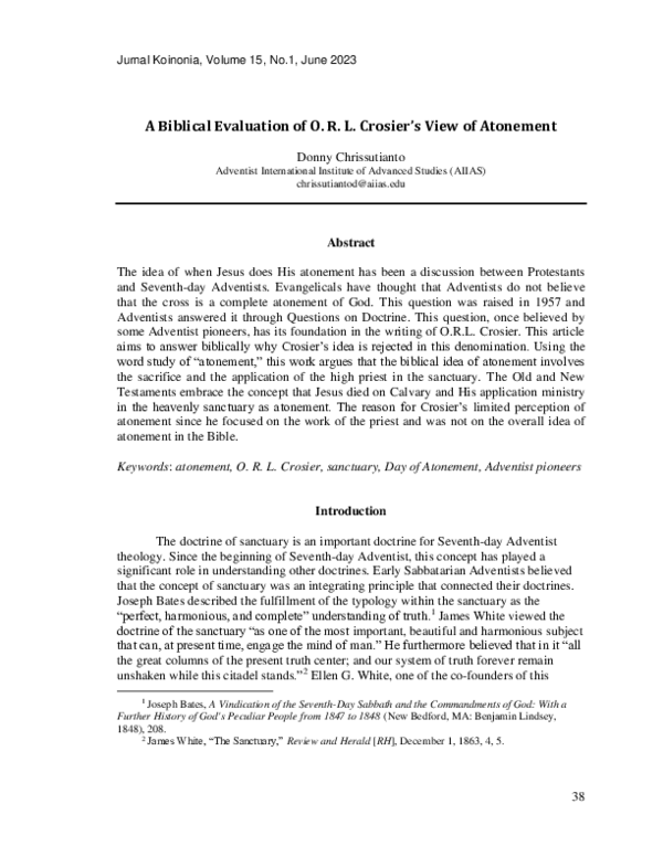 (PDF) A Biblical Evaluation of O. R. L. Crosier's View of Atonement