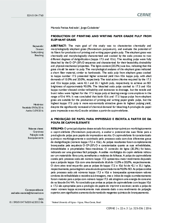 (PDF) Production of Printing and Writing Paper Grade Pulp from Elephant ...